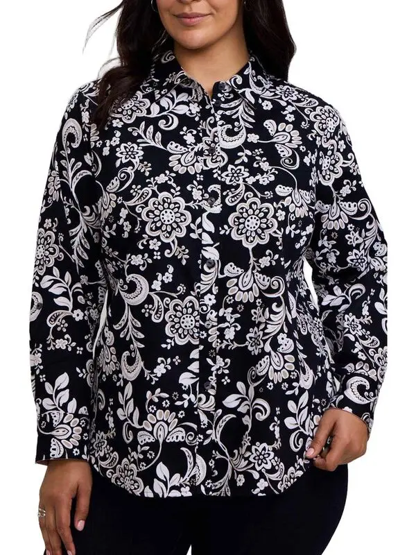 Foxcroft Margie Daisy Cotton Button-up Shirt - Black/multi
