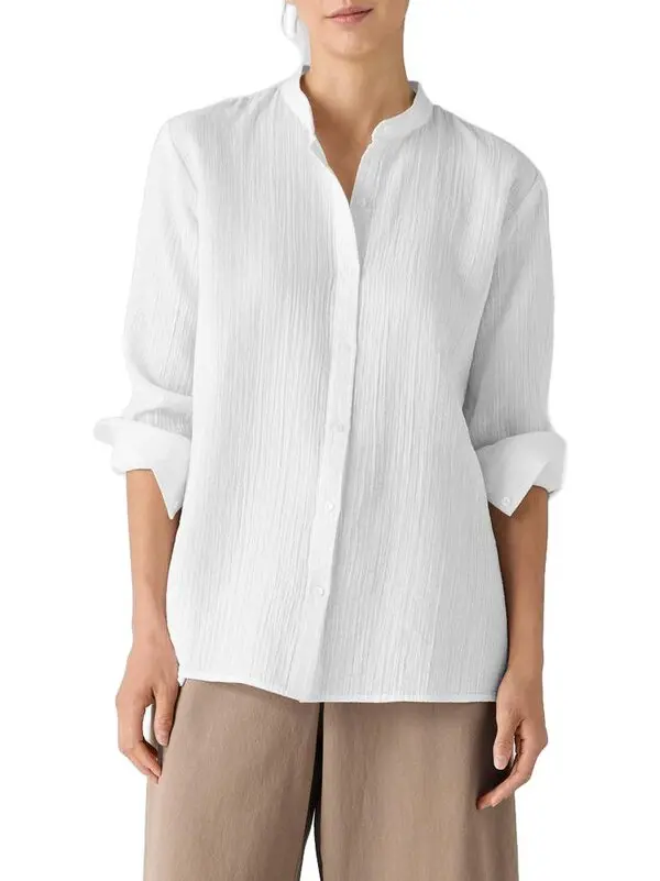 Eileen Fisher Mandarin Collar Textured Organic Cotton Shirt - White