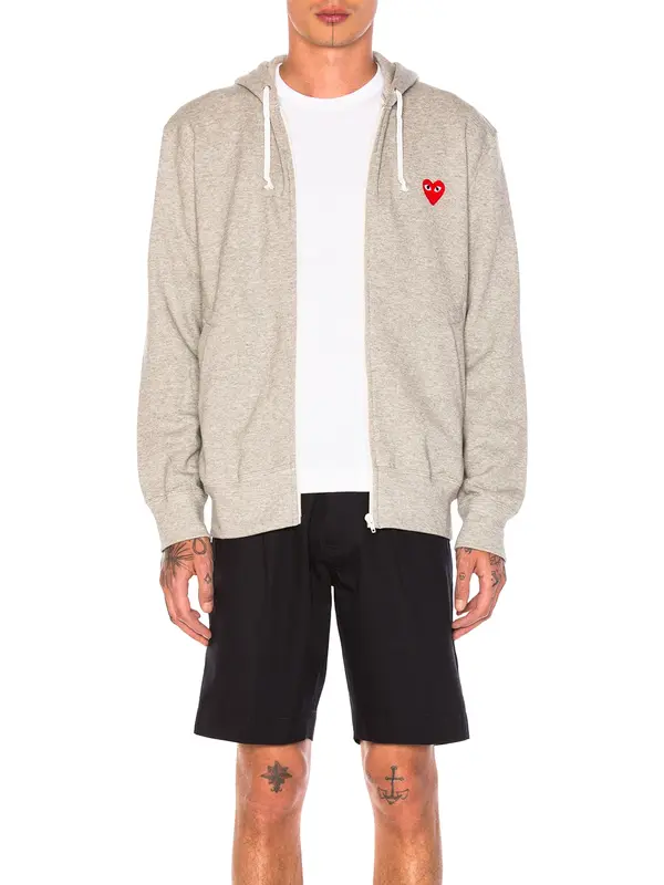 Play Comme Des Garcon Red Emblem Zip Cotton Hoodie - Grey