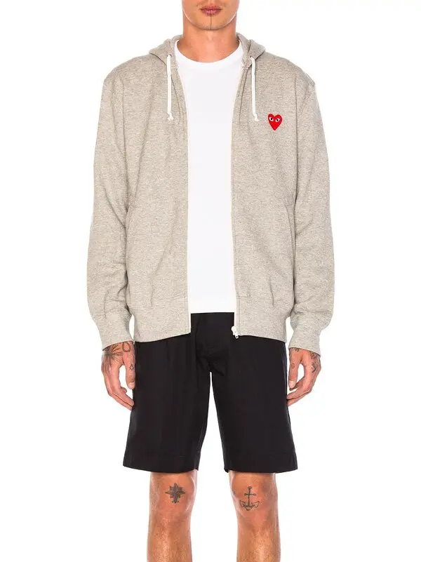 Play Comme Des Garcon Red Emblem Zip Cotton Hoodie - Grey