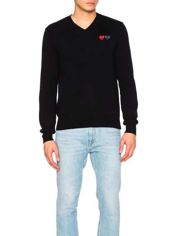 Play Comme Des Garcon V-neck Sweater With Double Emblem - Black