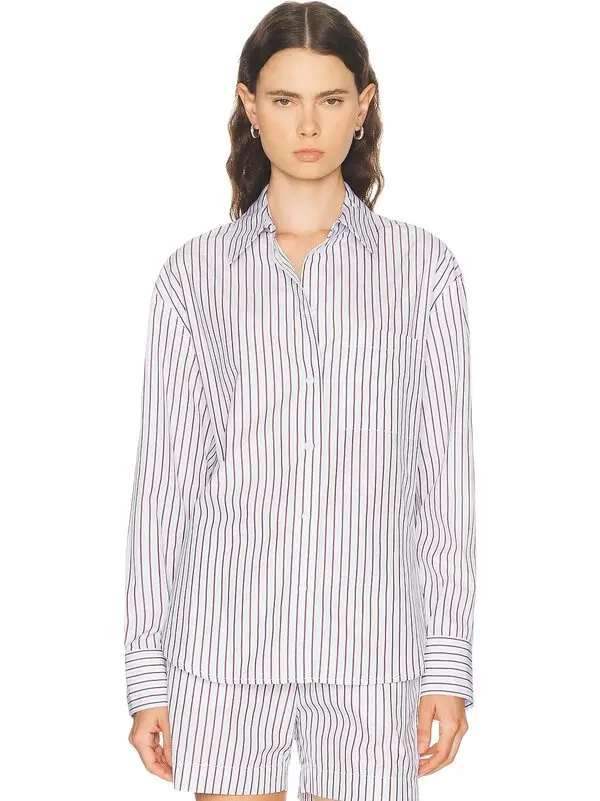 Loulou De Saison Maud Oversized Button Down Top - Dark Red & Light Blue Stripes