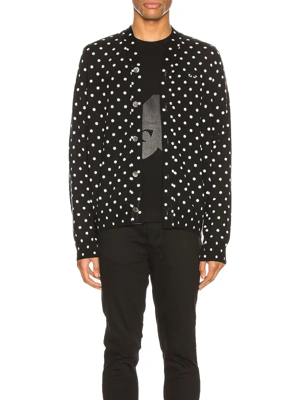 Play Comme Des Garcon Dot Print Wool Cardigan With Black Emblem - Black & Natural