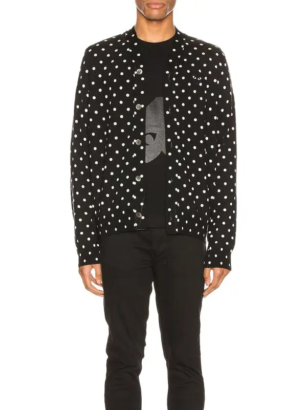 Play Comme Des Garcon Dot Print Wool Cardigan With Black Emblem - Black & Natural