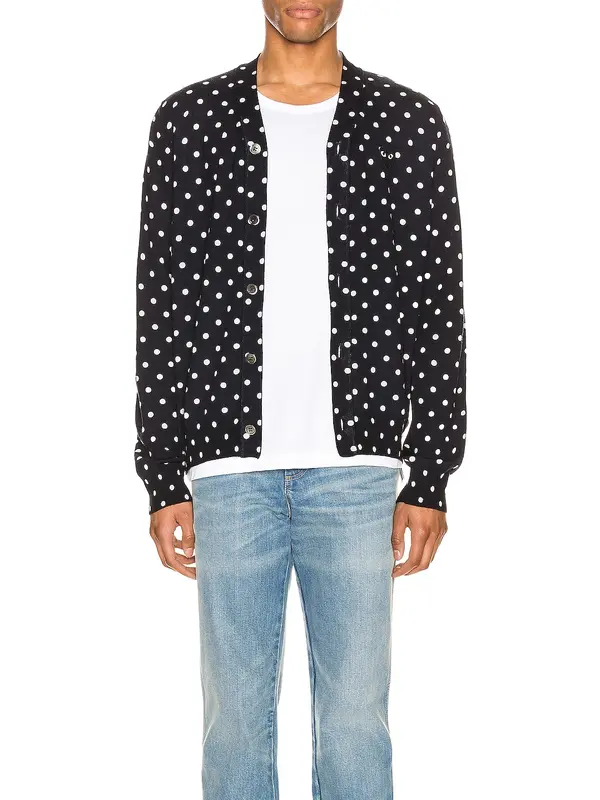 Play Comme Des Garcon Dot Print Wool Cardigan With Black Emblem - Navy & Natural