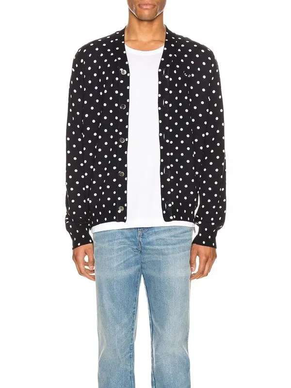 Play Comme Des Garcon Dot Print Wool Cardigan With Black Emblem - Navy & Natural