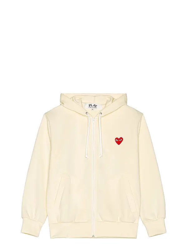 Play Comme Des Garcon Zip Poly Hoodie With Red Emblem - Ivory