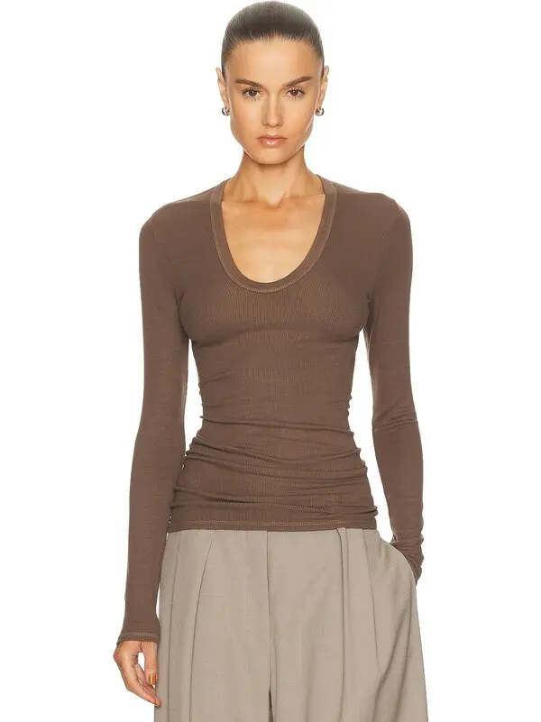 Enza Costa Rib Bold Long Sleeve U-neck Top - Mushroom