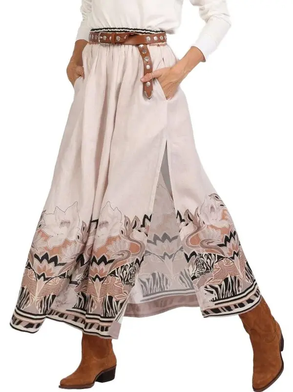 Las Surenas Lotus Tiger Printed Linen Skirt - Ecru