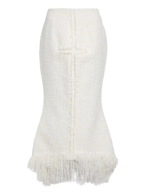 Matieres Fecales Mademoiselle Sequin Fringe Tweed Trumpet Skirt - Tofu