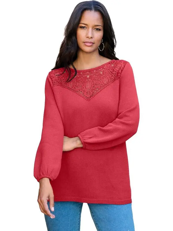 Roaman's Lace Mesh Pullover Sweater - Dark Berry