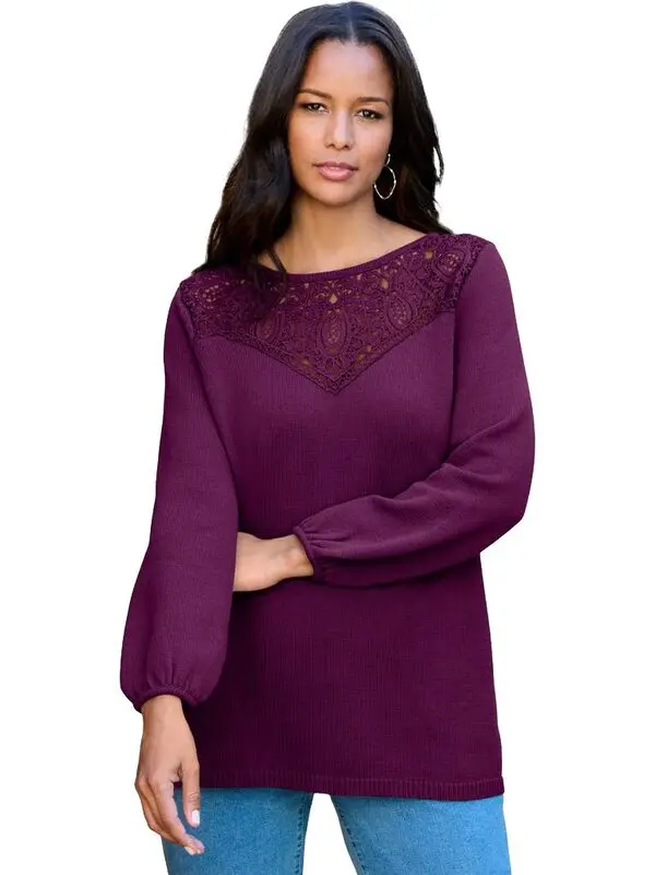 Roaman's Lace Mesh Pullover Sweater - Dark Berry