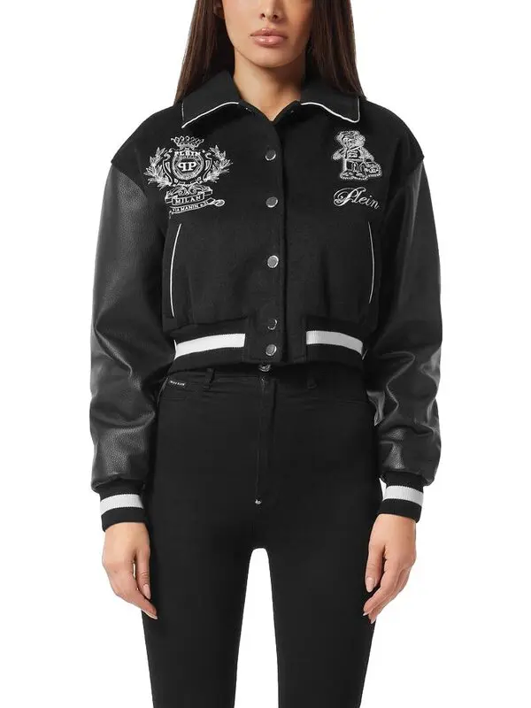 Philipp Plein Wool And Leather College Bomber Teddy - Black