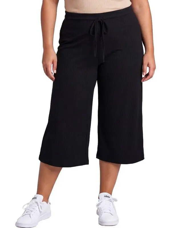 24SEVEN COMFORT APPAREL Ribbed Knit Drawstring Flared Capri Pants - Black