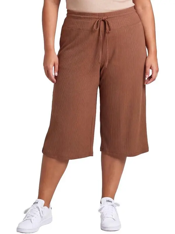 24SEVEN COMFORT APPAREL Ribbed Knit Drawstring Flared Capri Pants - Mocha