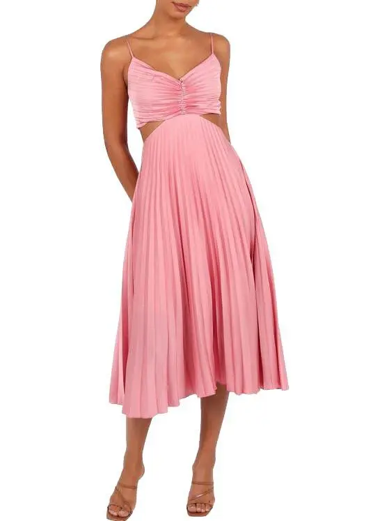 PETAL & PUP Niamh Pleated Cutout Satin Midi Dress - Poppy Pink