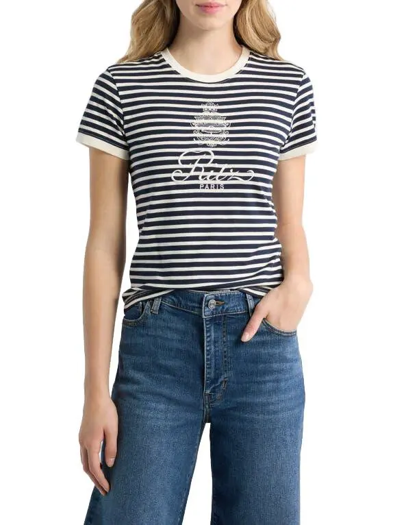 FRAME X The Ritz Paris Stripe Logo Graphic Baby Tee - Navy Multi