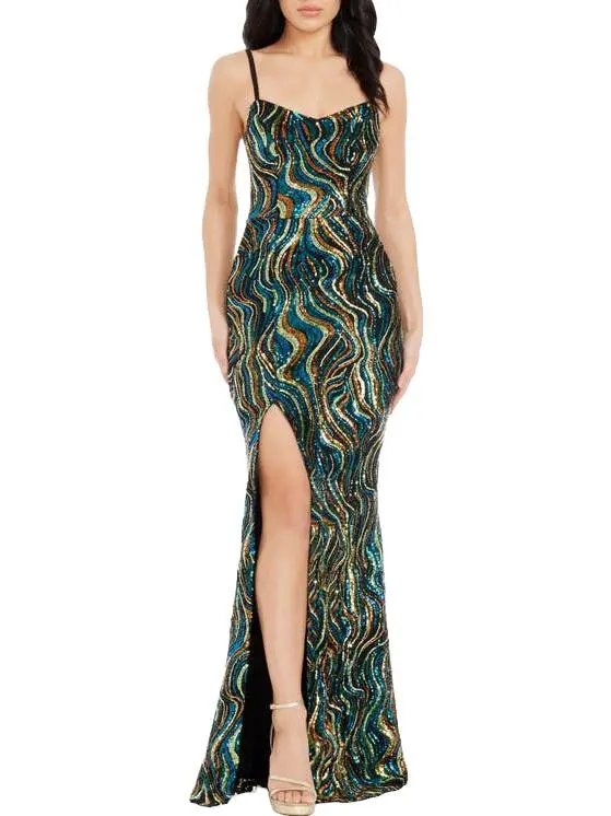 Dress The Population Tori Sequin Mermaid Gown - Teal Multi