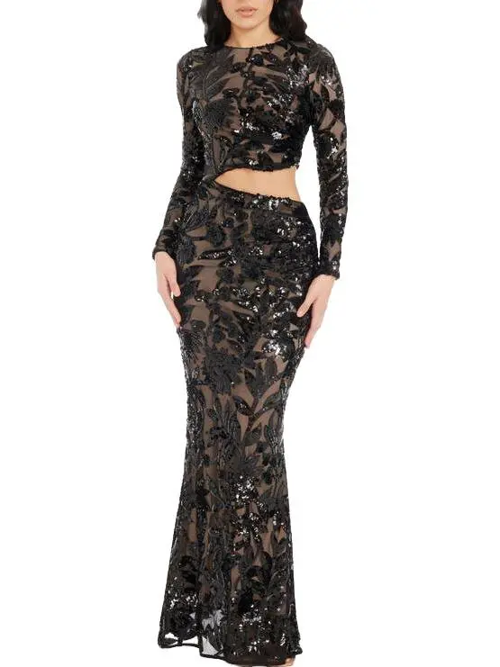 Dress The Population Candace Sequin Floral Mermaid Gown - Black-beige