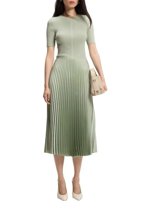 BOSS Ribbed Bodice Pleated Midi Dress - Desert Sage