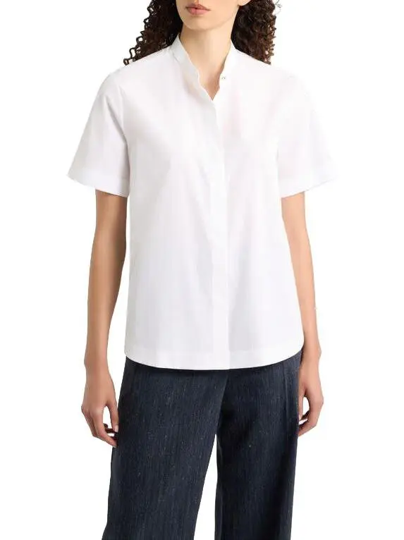 BOSS Cotton Band Collar Short Sleeve Shirt - Bright White