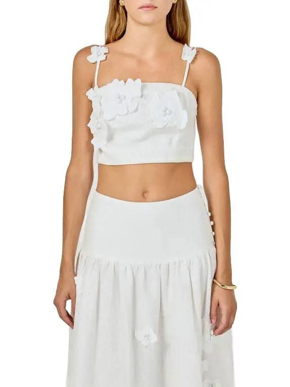 Endless Rose Cropped Linen Shell Top With 3d Floral Appliqu - White