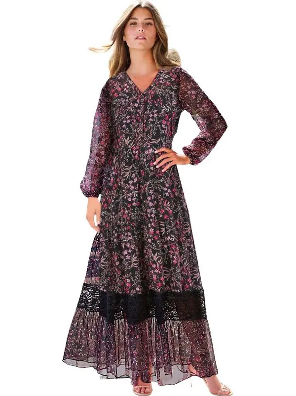 Roaman's Lace Tiered Maxi Dress With V-neckline - Soft Blush Roses