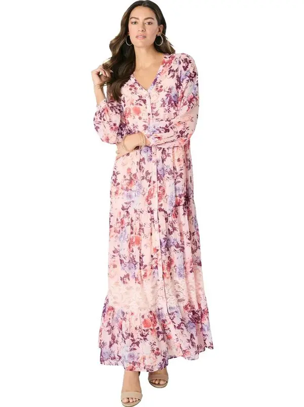 Roaman's Lace Tiered Maxi Dress With V-neckline - Soft Blush Roses