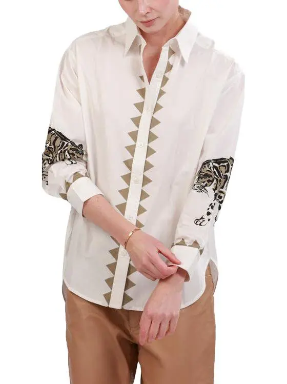 Las Surenas Snow Leopard Appliqué Poplin Shirt - White