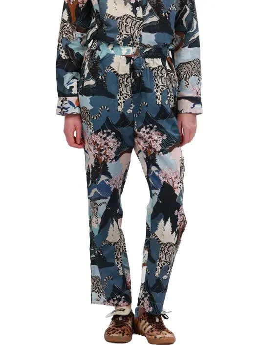 Las Surenas Snow Leopard Print Linen Cotton Pants - Blue