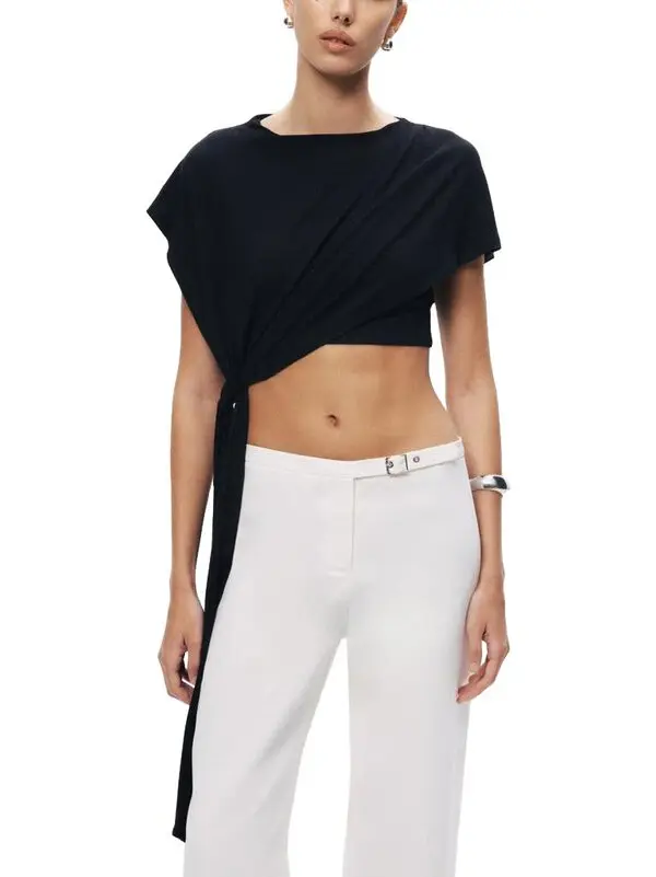 NOCTURNE Asymmetric Tie-front Crop Top - Black