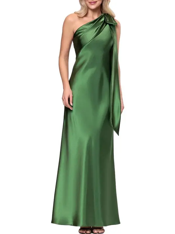 Betsy & Adam One-shoulder Satin Gown With Bow Detail - Moss