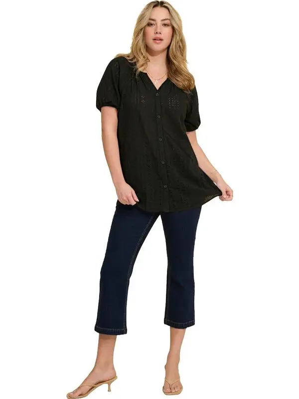 Roaman's Shirred Eyelet Button Front Blouson Tunic - Black