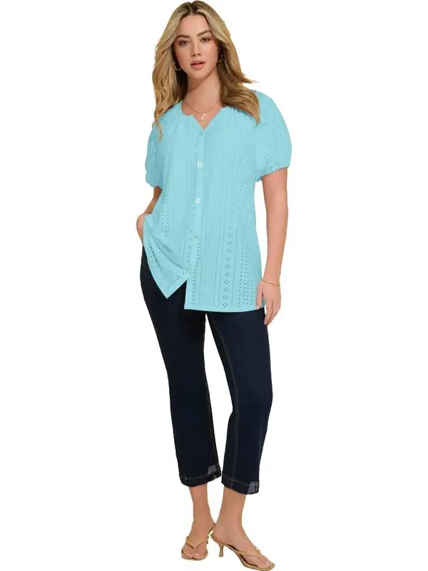 Roaman's Shirred Eyelet Button Front Blouson Tunic - Light Aqua