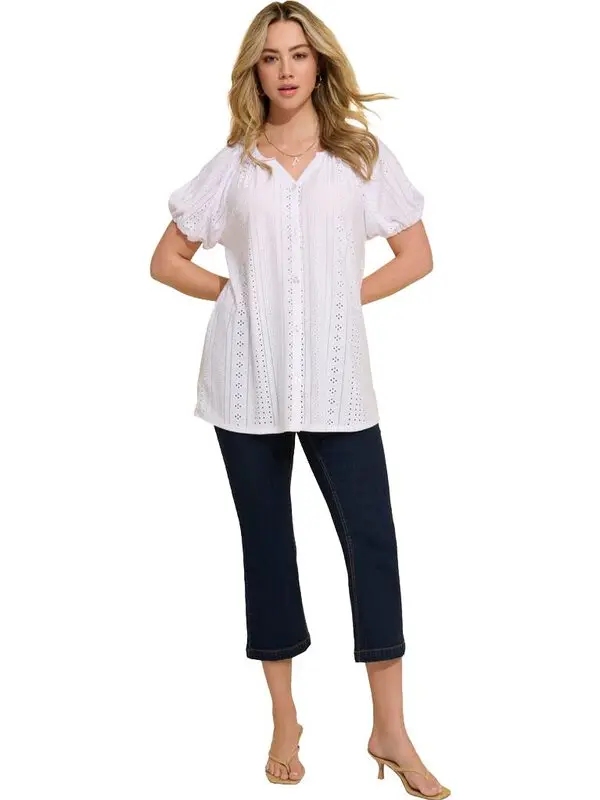 Roaman's Shirred Eyelet Button Front Blouson Tunic - White