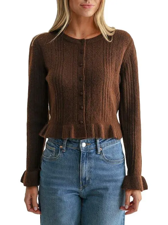 ALL IN FAVOR Pointelle Peplum Cardigan - Dark Brown