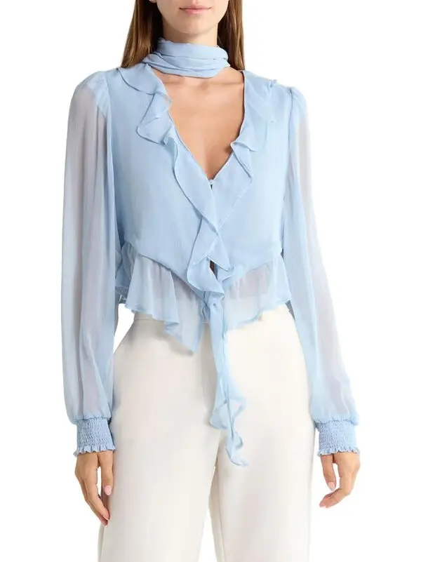 KITTENISH Ruffle Front Tie Chiffon Crop Top - Blue Fog