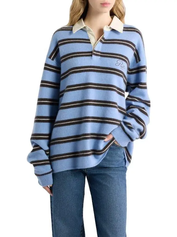 FRAME X The Ritz Paris Stripe Long Sleeve Cashmere Polo Sweater - Light Blue Multi
