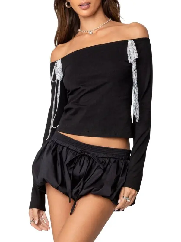 EDIKTED Lace Bow Off-the-shoulder Top - Black