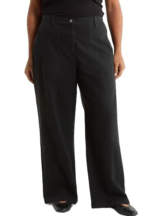 Eileen Fisher High Waist Wide Leg Organic Cotton Pants - Black