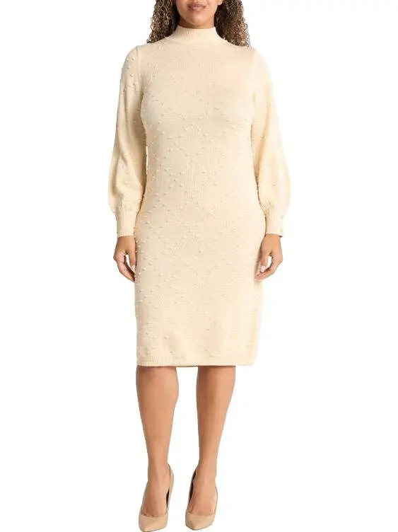 Anne Klein Textured Bobble Stitch Mock Neck Sweater Dress - Macadamia