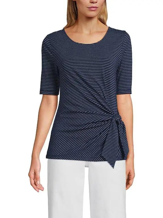 LANDS' END Lightweight Jersey Tie Front Top - Deep Sea Navy Thin Stripe
