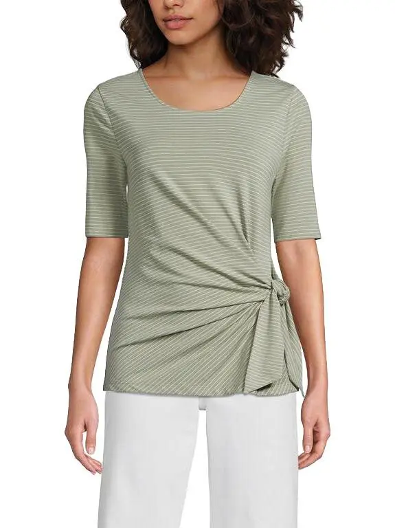 LANDS' END Lightweight Jersey Tie Front Top - Sage Thin Stripe