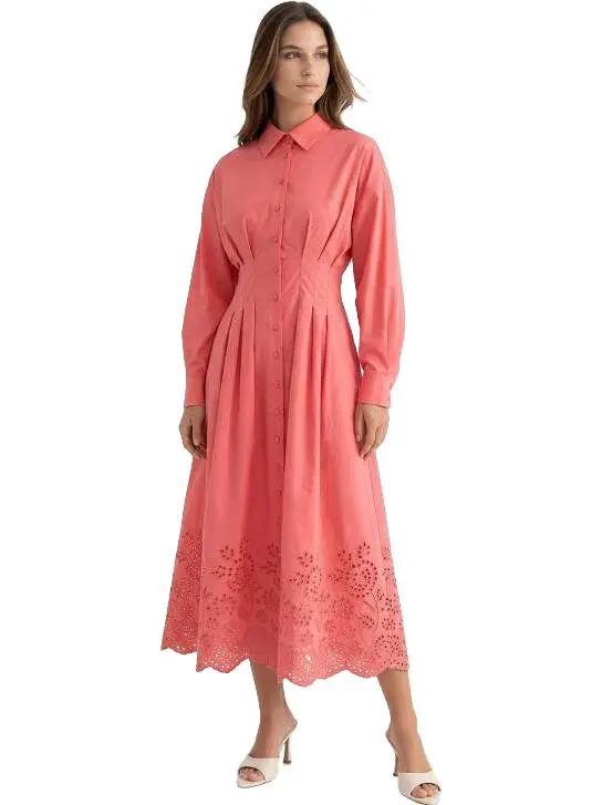 EXQUISE Embroidered Midi Shirt Dress - Pink
