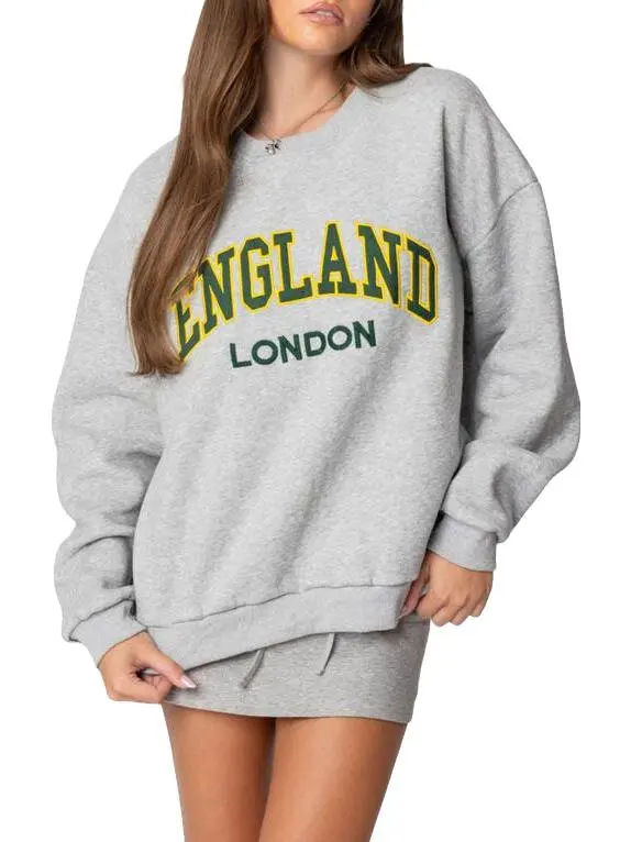 EDIKTED England Embroidered Fleece Sweatshirt - Gray-melange