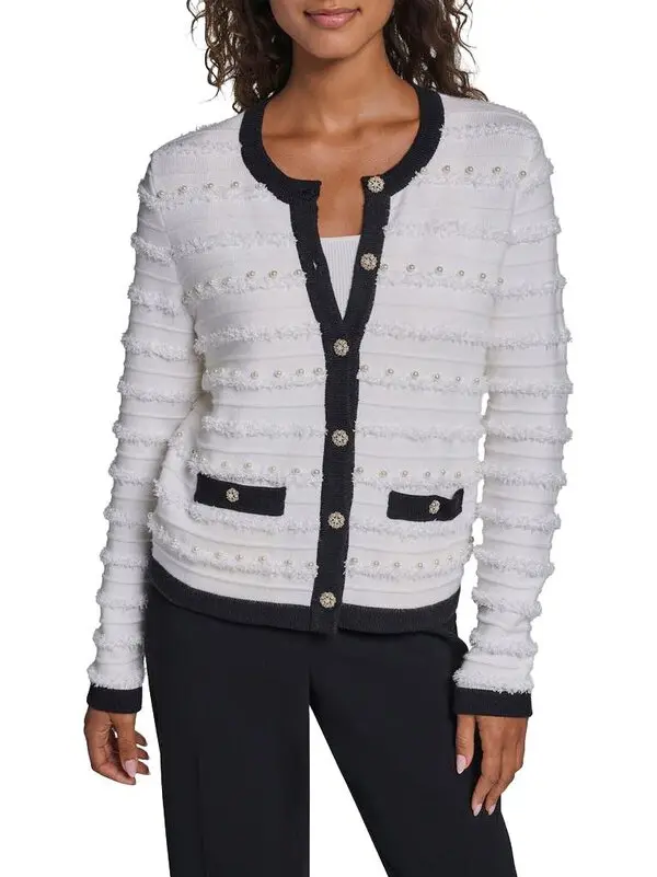Karl Lagerfeld Paris Imitation Pearl Fringe Cardigan - Soft White/black