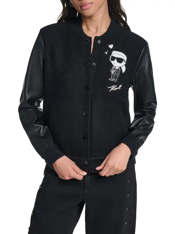 Karl Lagerfeld Paris Karl Wool Blend Varsity Jacket With Faux Leather Sleeves - Black