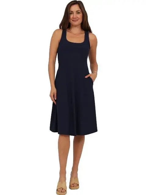 24SEVEN COMFORT APPAREL Sleeveless Scoop Neck A-line Midi Dress With Pockets - Navy
