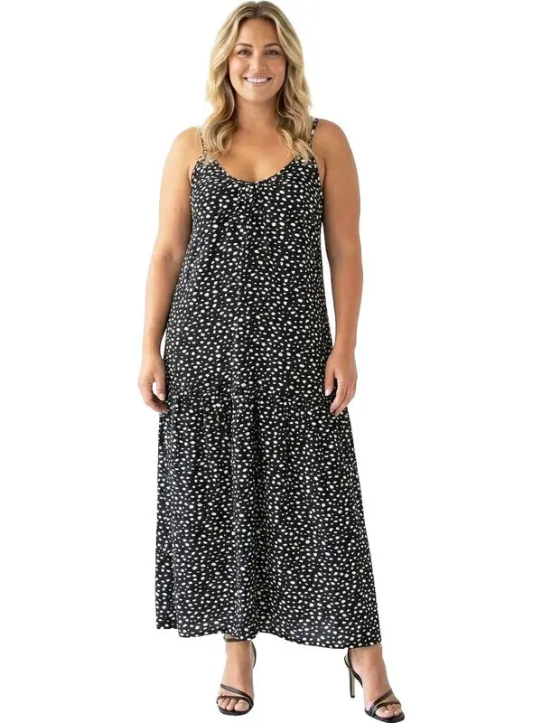 24SEVEN COMFORT APPAREL Polka Dot A-line Maxi Dress - Black Multi