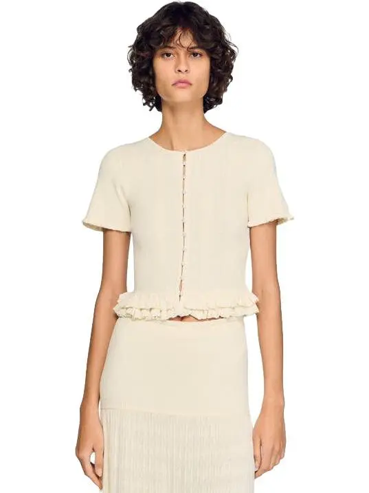 Sandro Ruffled Knit Cropped Cardigan - Ecru
